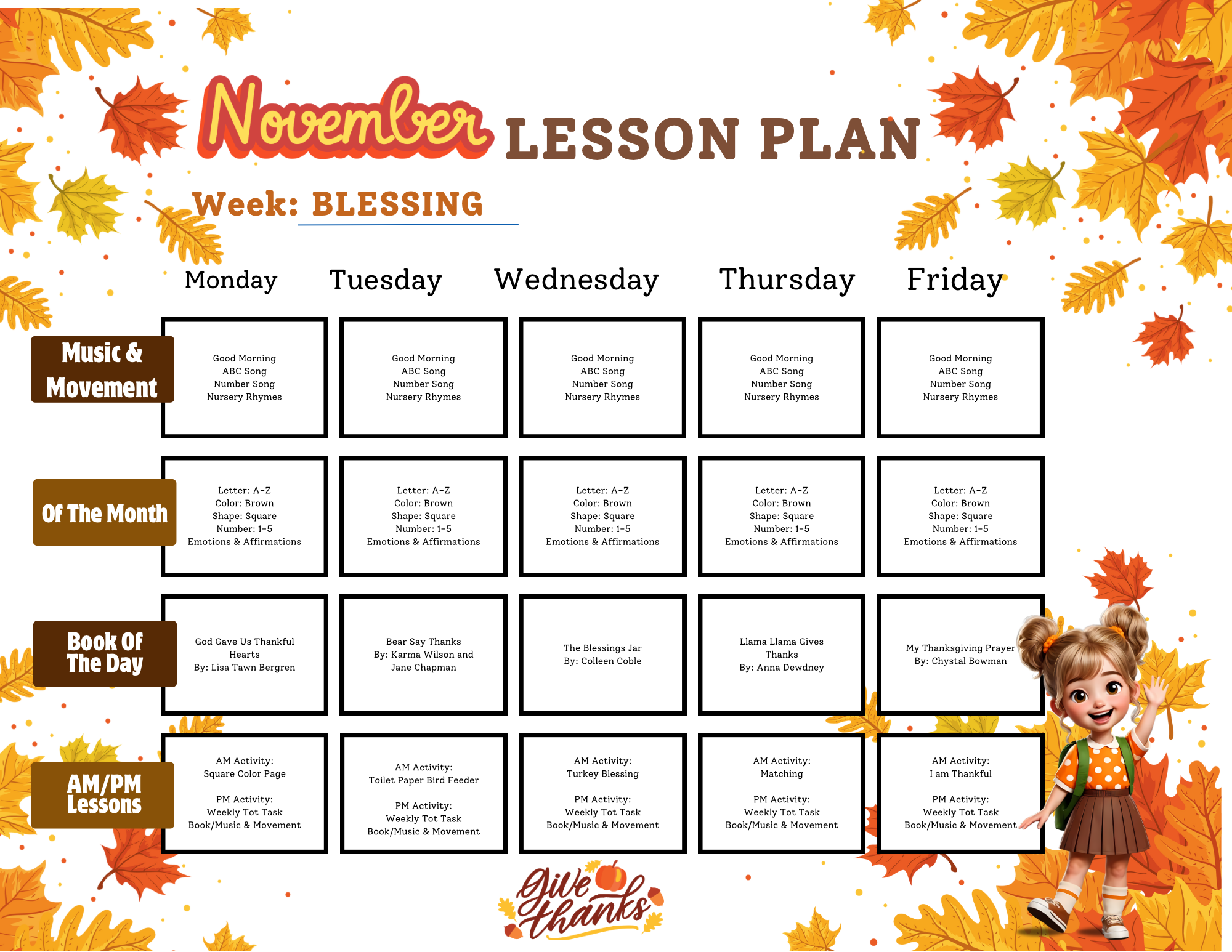 Great Room Weekly Lesson Plan – November